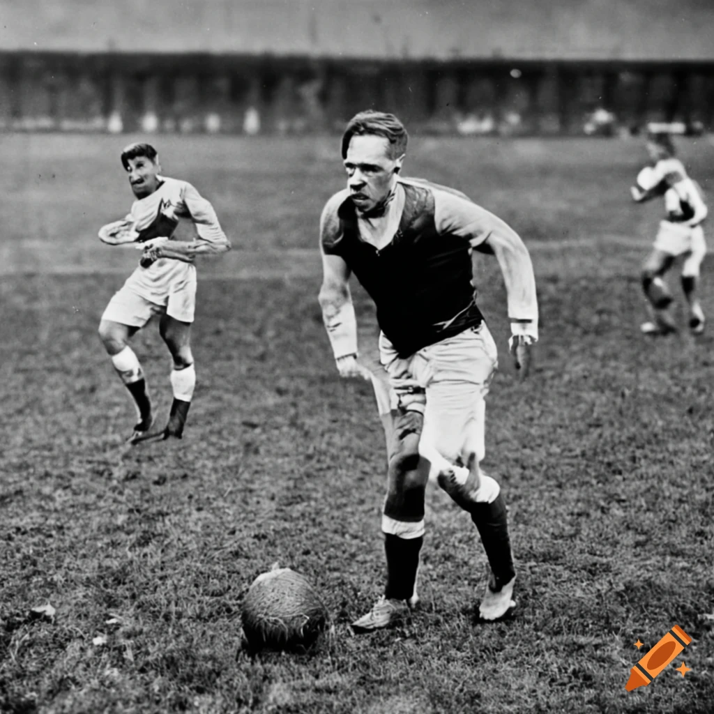 Vintage black and white photo of a football match from 1910 on Craiyon