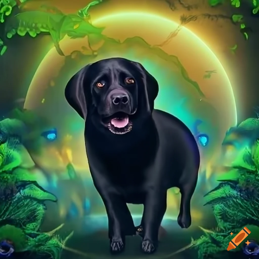 Magical forest realm with a majestic black labrador retriever, towering ...