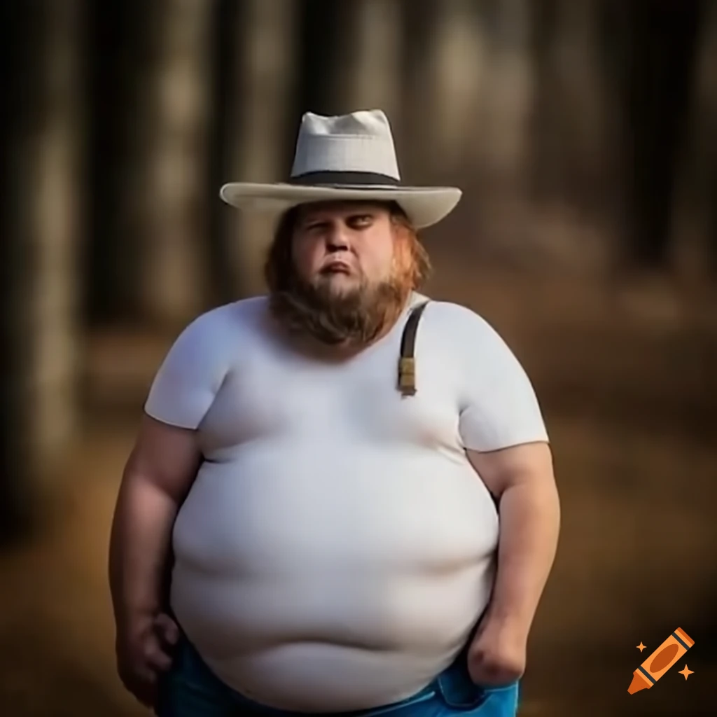 Overweight man wearing overalls and a hat in a rural setting on Craiyon