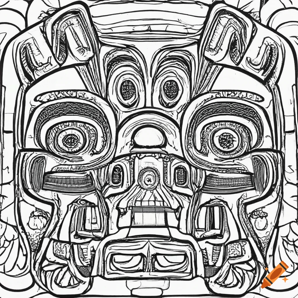 Haida village in black and white coloring book style on Craiyon