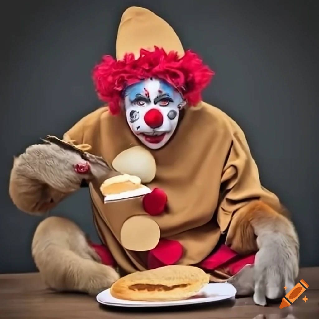 Monkey in clown costume enjoying pancakes on Craiyon
