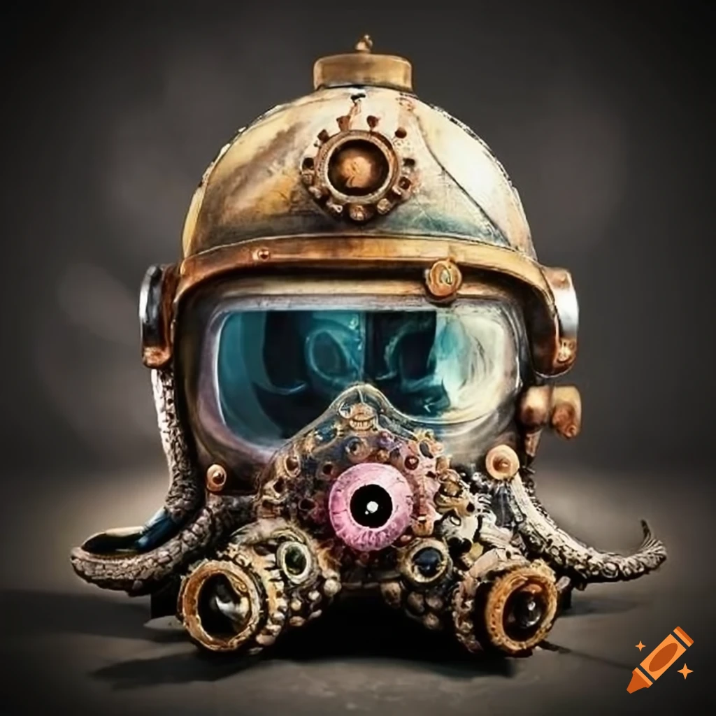 Steampunk octopus with tentacles around astronaut's helmet in black and ...