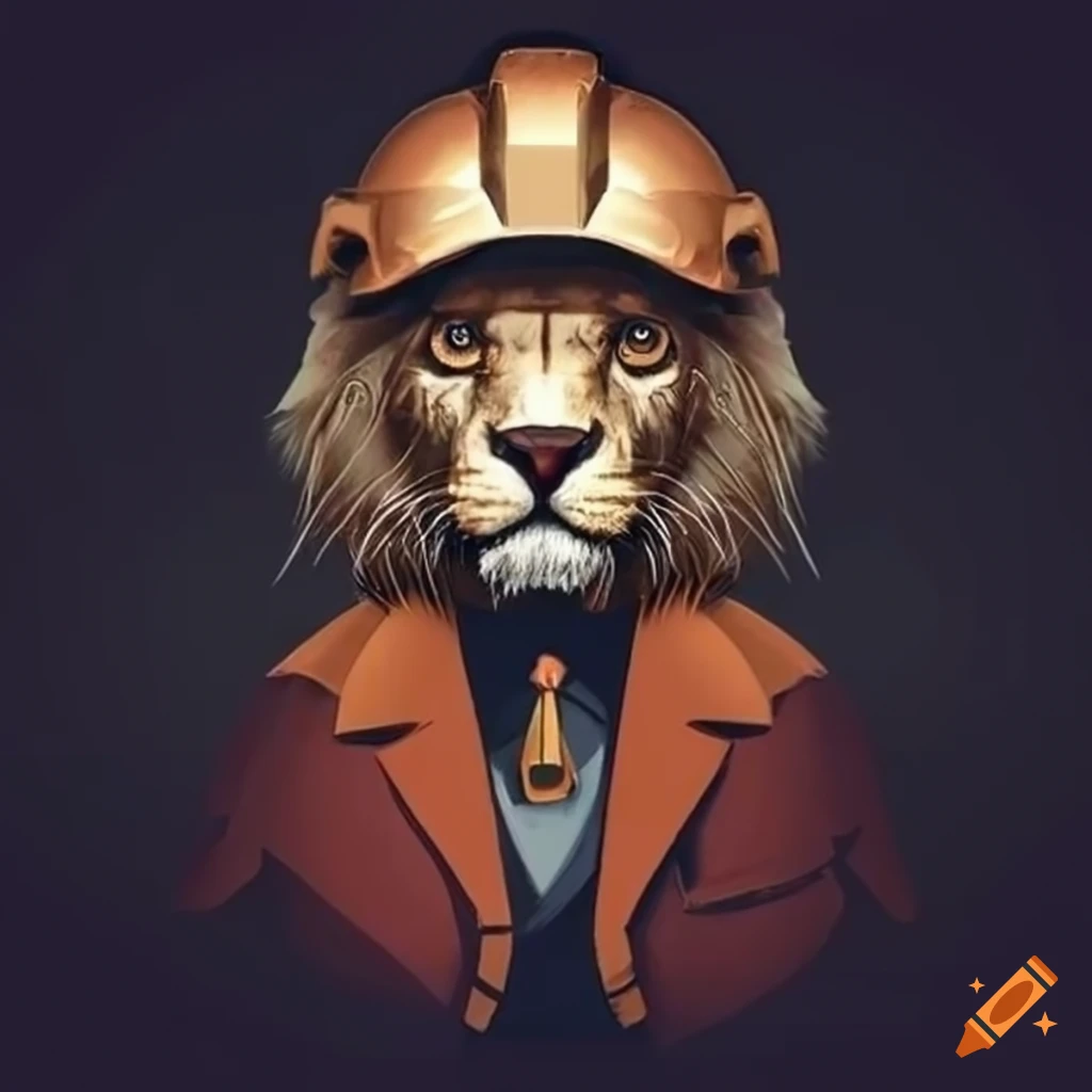 Lion wearing an engineer coat and helmet on Craiyon