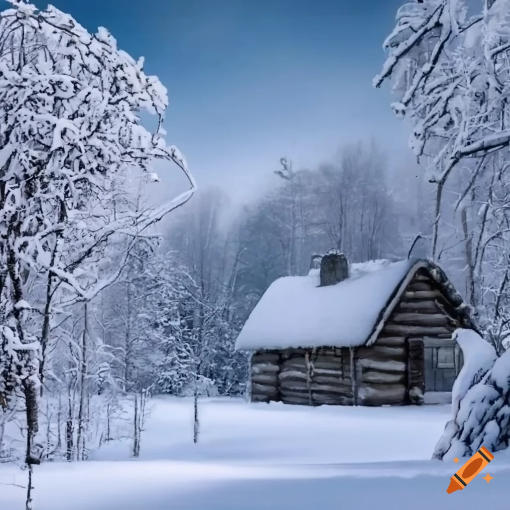 Winter scene with log cabin, deer, and snow on Craiyon