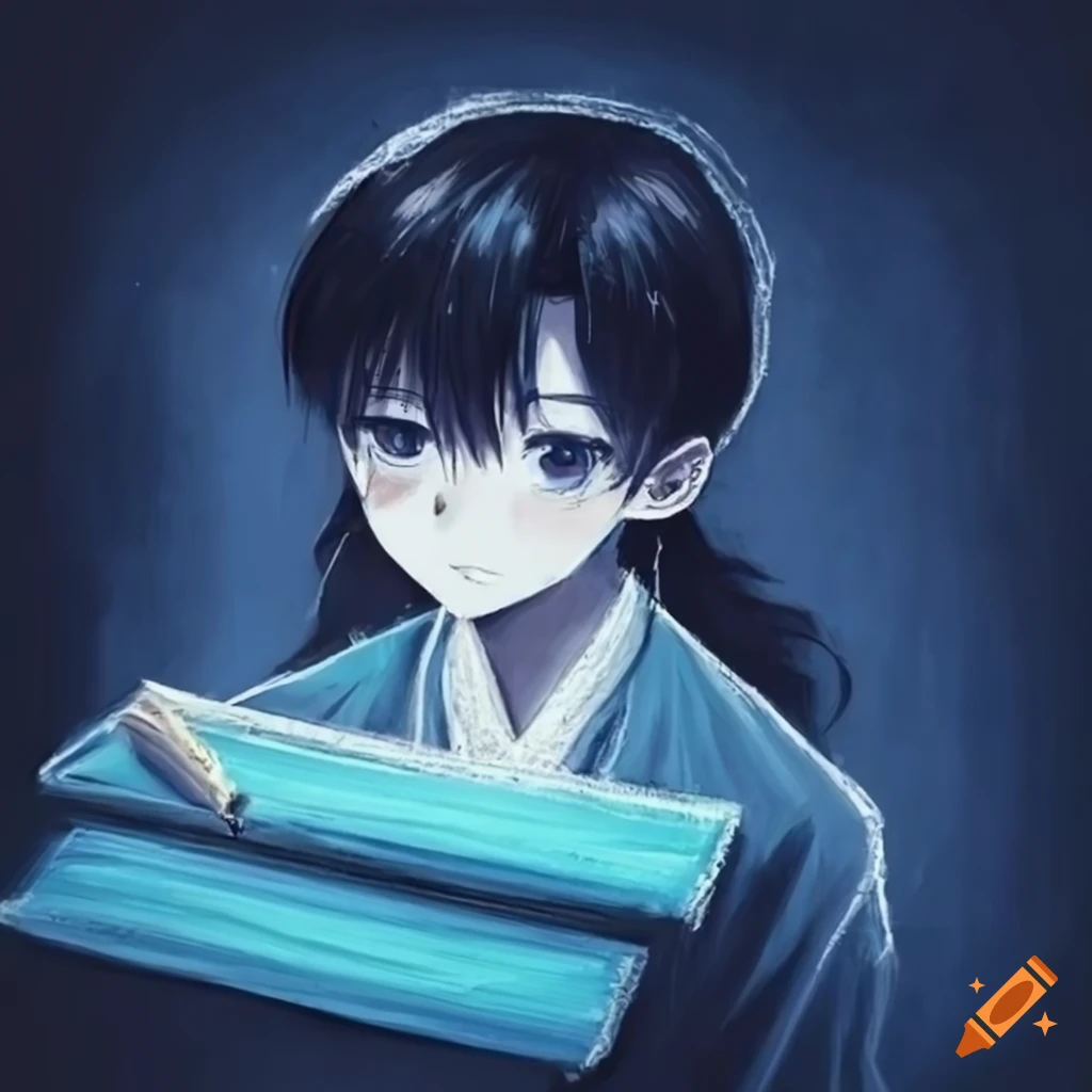 Happy suguru solver with sheets and pencils in blue chalk sketch on Craiyon