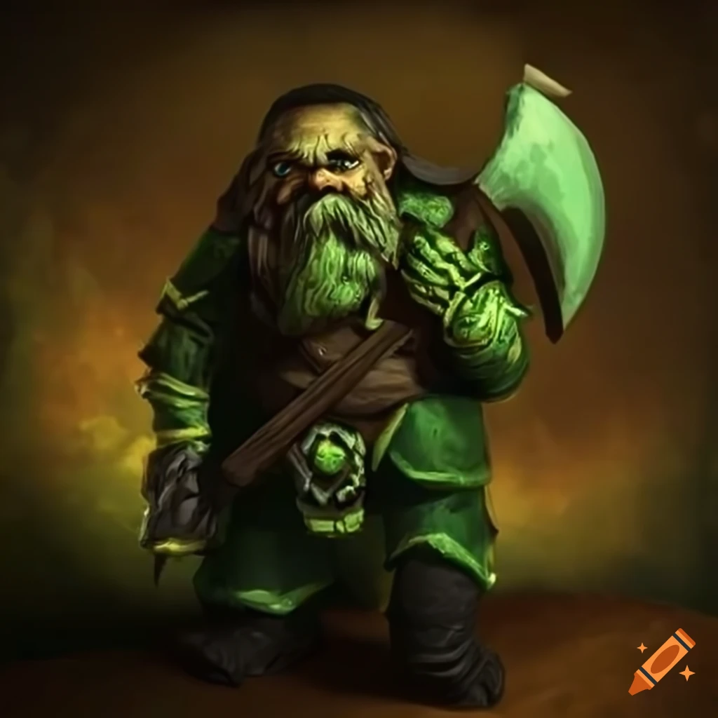 Black dwarf in green outfit with a large axe on Craiyon