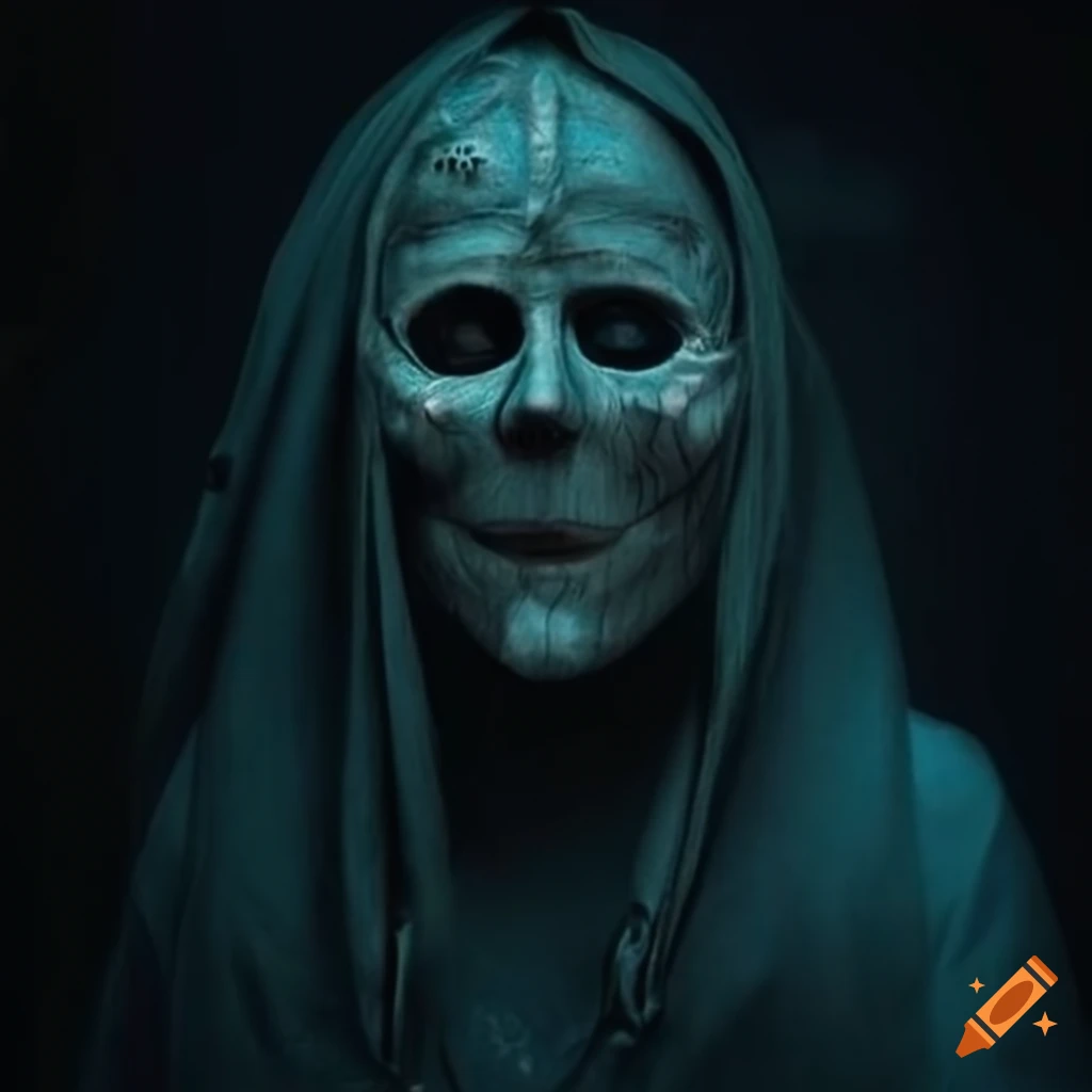 Eerie haunting portrait of person in nordic folklore mask in ghostly ...