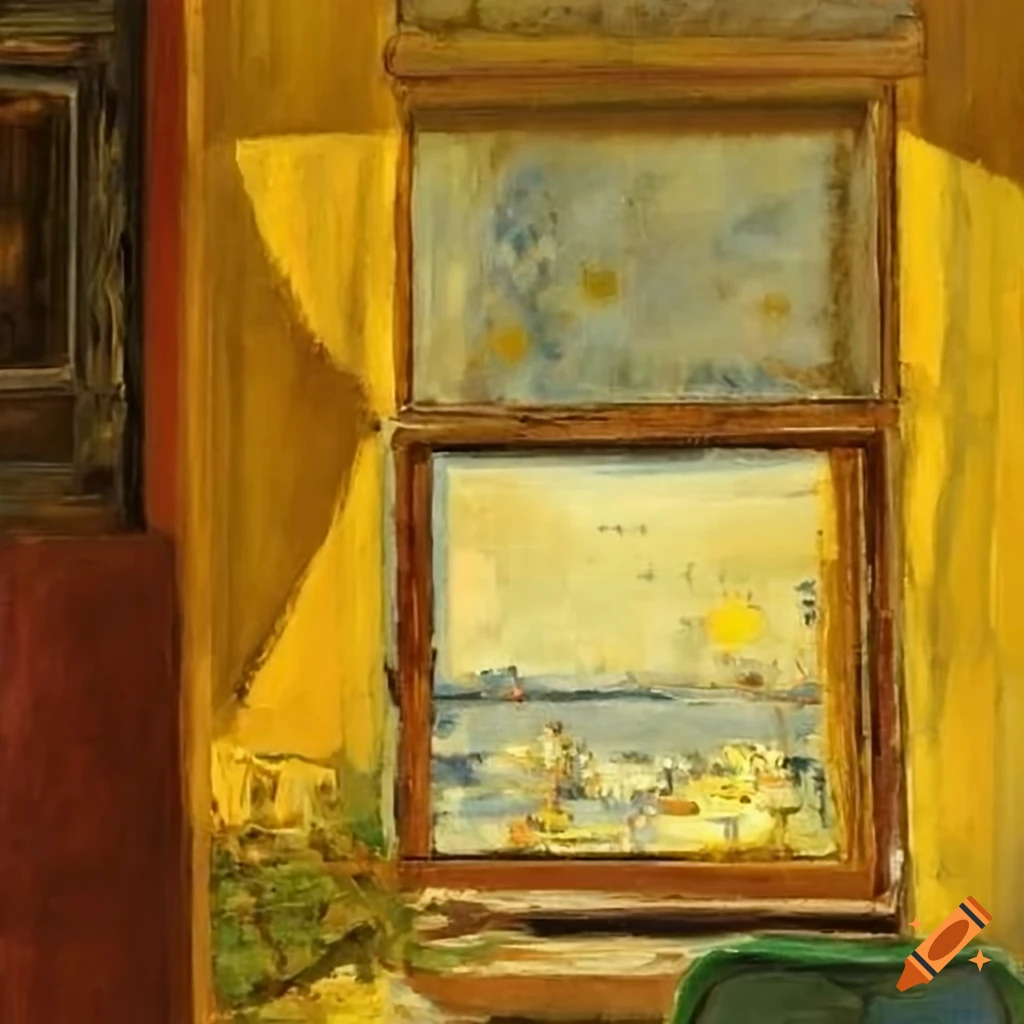 View through a bright window with transparent yellow roller blind and ...