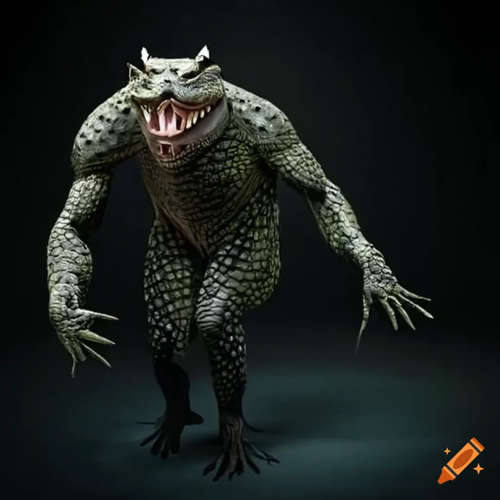 Powerful aggressive humanoid crocodile creature with shiny black spikes ...