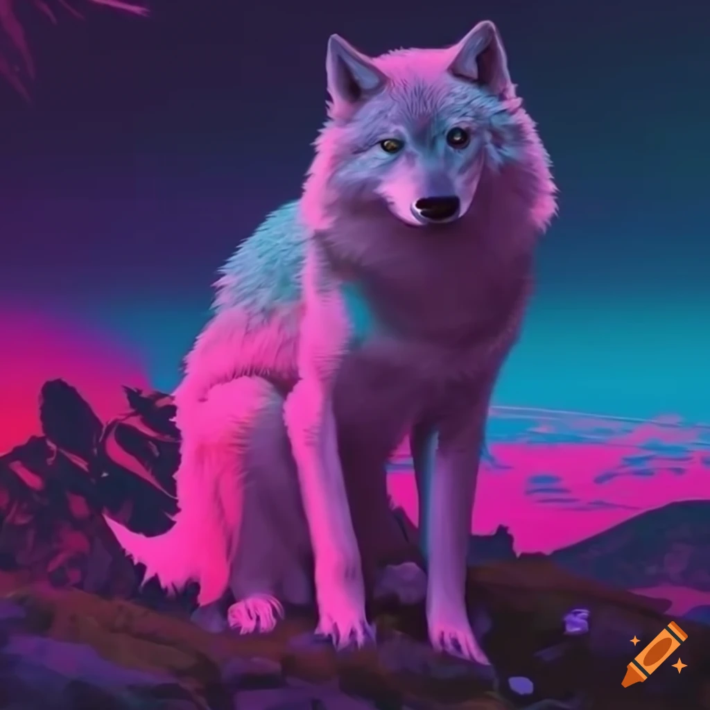 Vaporwave wolf surrounded by lush nature on Craiyon