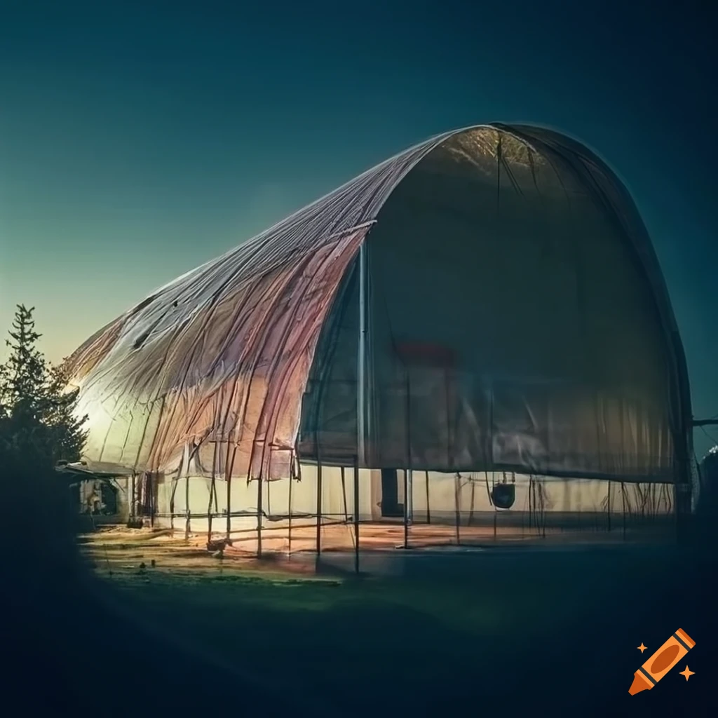 Translucent textile roof in a multi-level industrial building on Craiyon
