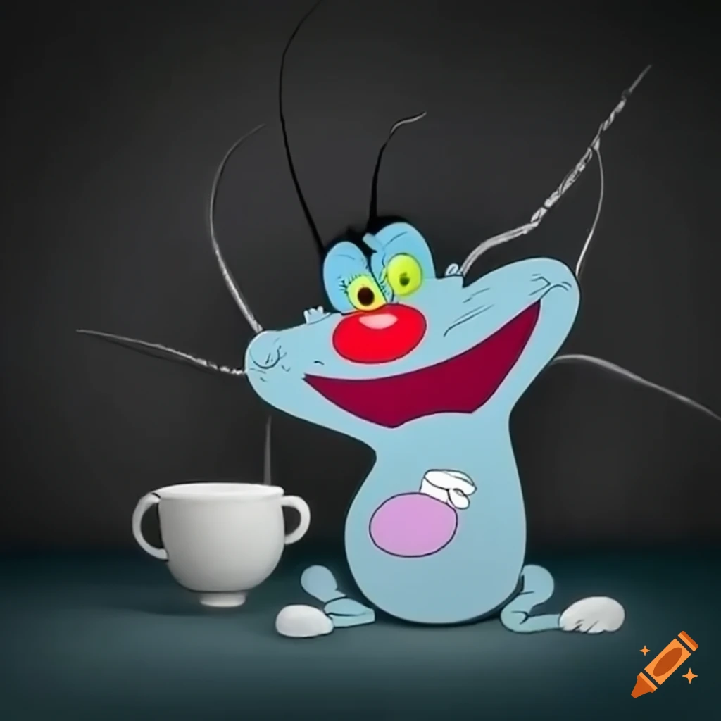 Oggy and the cockroaches enjoying a cup of tea on Craiyon