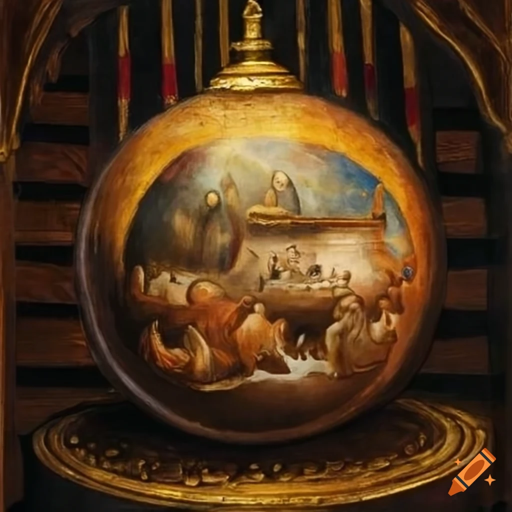 Medieval style painting of an orb with noah's ark and gold accents on ...