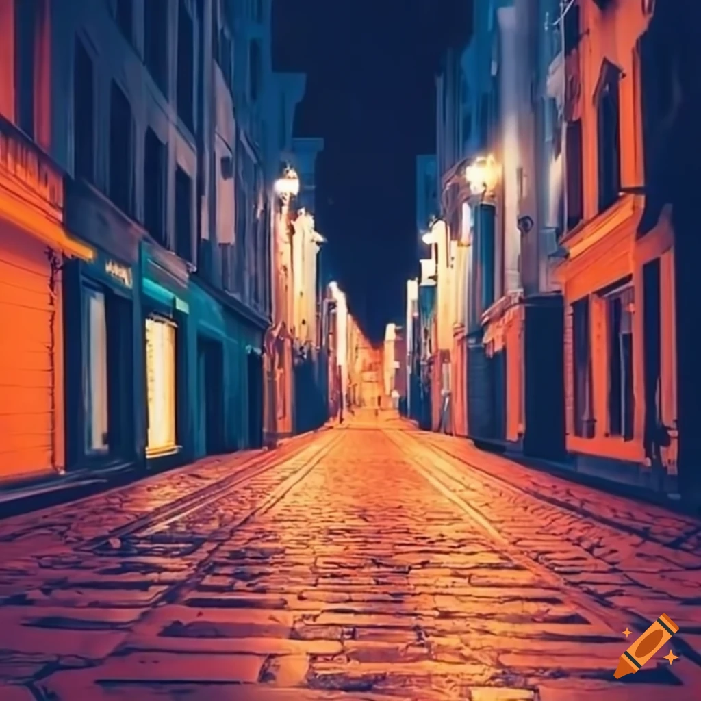 Empty street with orange hues and old shops at midnight on Craiyon