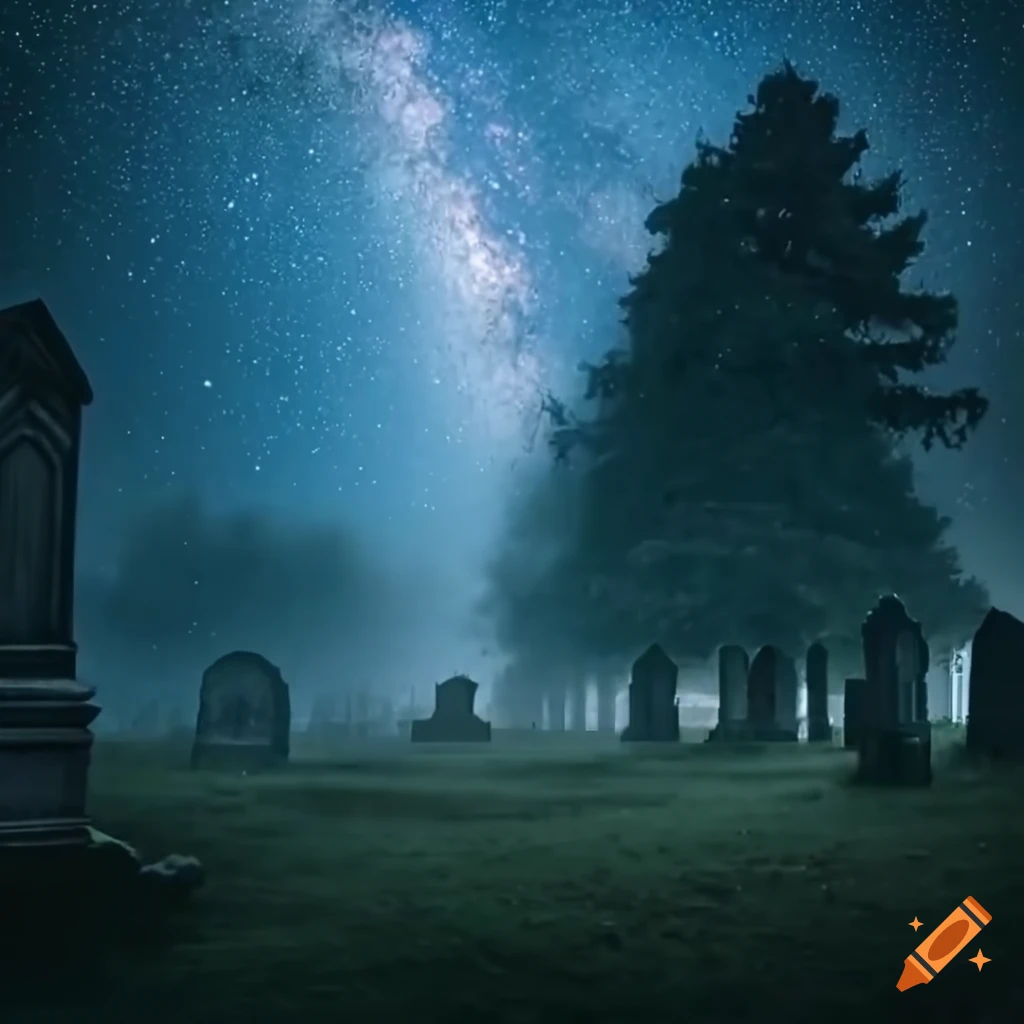 Starry night sky over an old foggy cemetery in 4k resolution on Craiyon