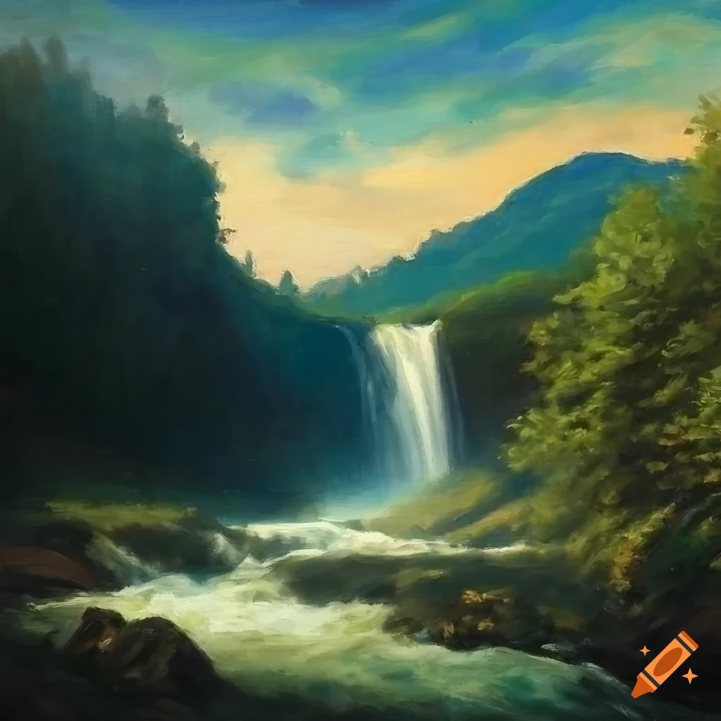 Majestic sky over verdant valley with river, waterfall, and tall cliffs ...