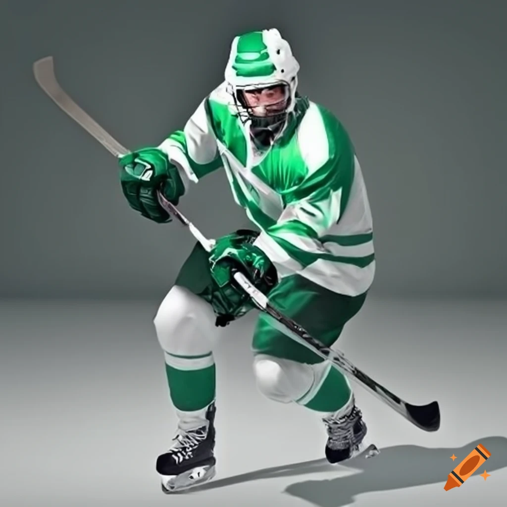 Hockey player in white and green uniform on Craiyon