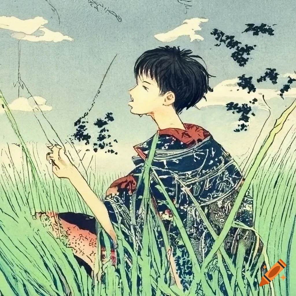 Ukiyo-e style illustration by kanō tan'yū with a floating boy in anime ...