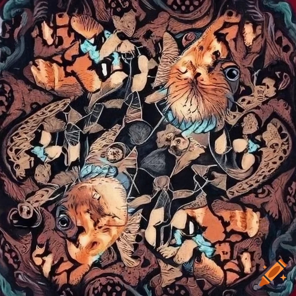 Escher-style art with cats and dogs on Craiyon