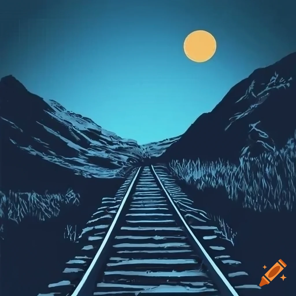 One line drawing of railroad between mountains on Craiyon