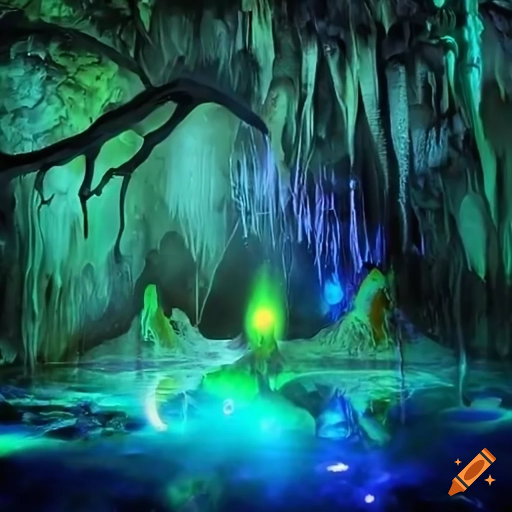 Mystical cavern with alien flowers and prism-lit rays on Craiyon