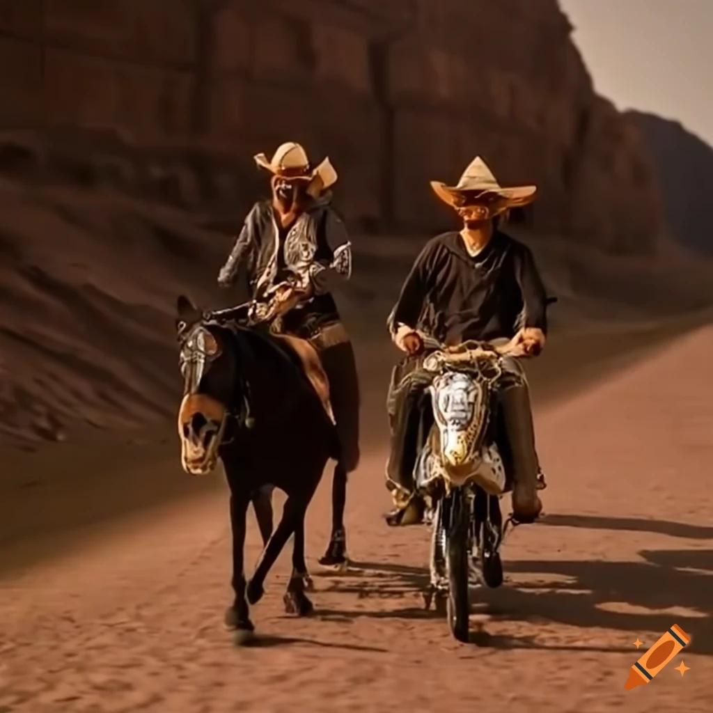 Two motorcycles with a cowboy and an indian rider on Craiyon