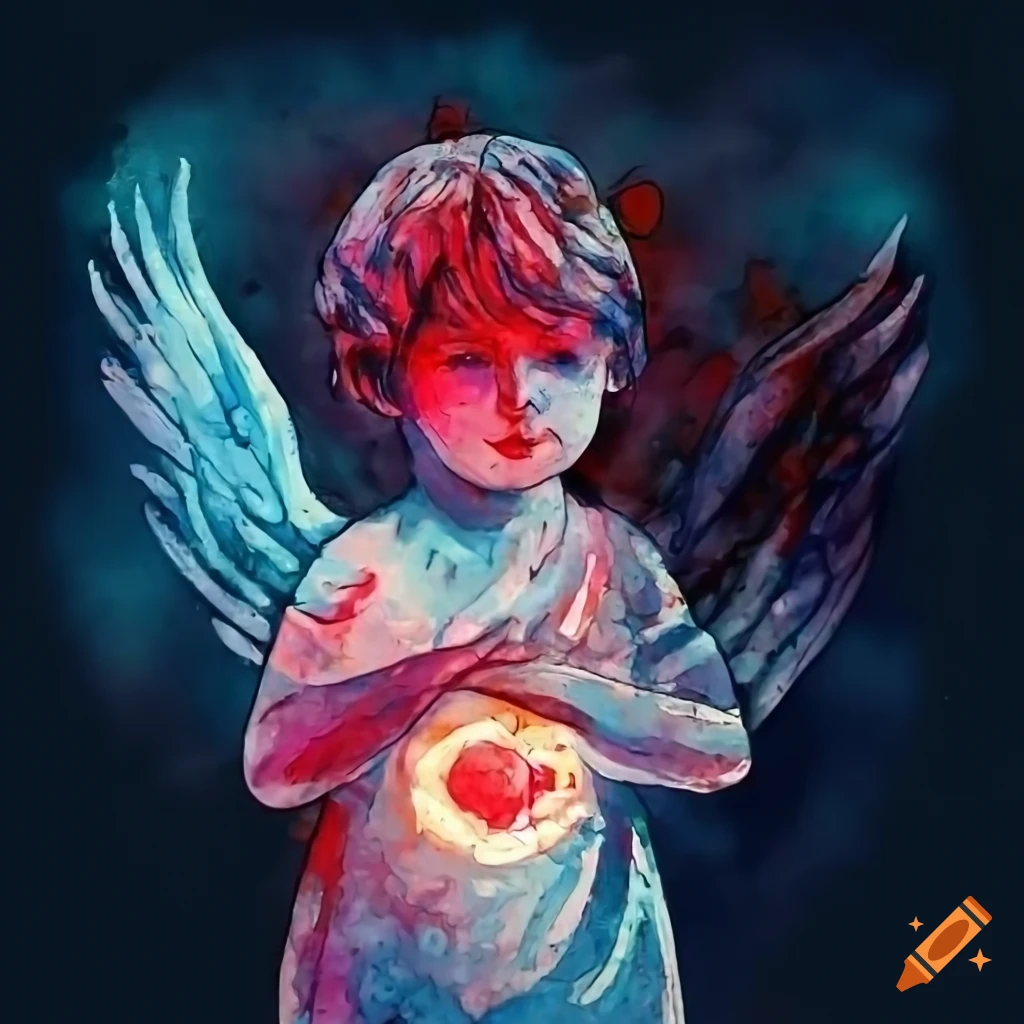 Statue of angel boy with glowing red eyes against a dark cloudy sky on ...