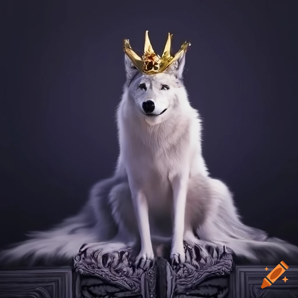 White wolf wearing a crown sitting on a throne on Craiyon