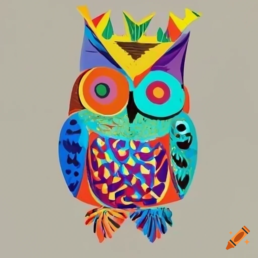 Colorful owl with crown in the style of pablo picasso on Craiyon