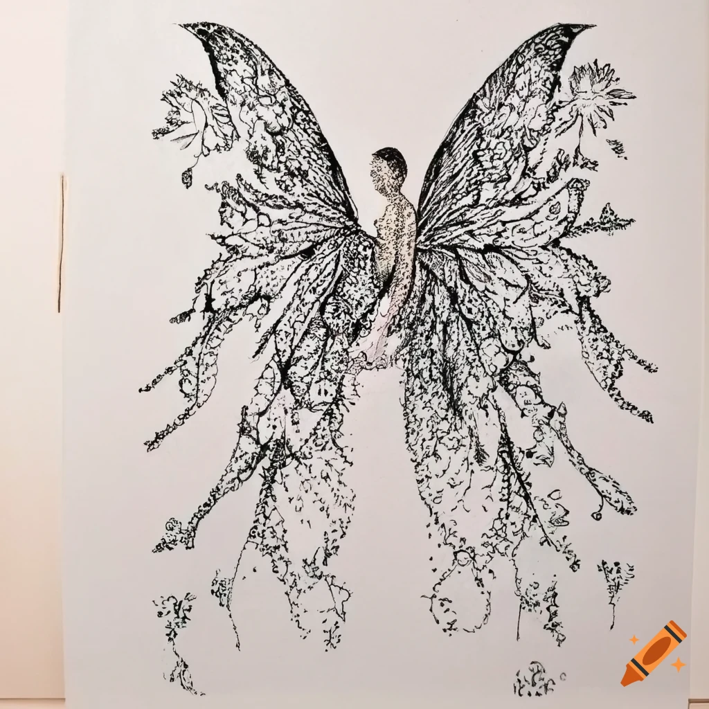 Ethereal fairy wings made of flowers and leaves in pointillism drawing ...