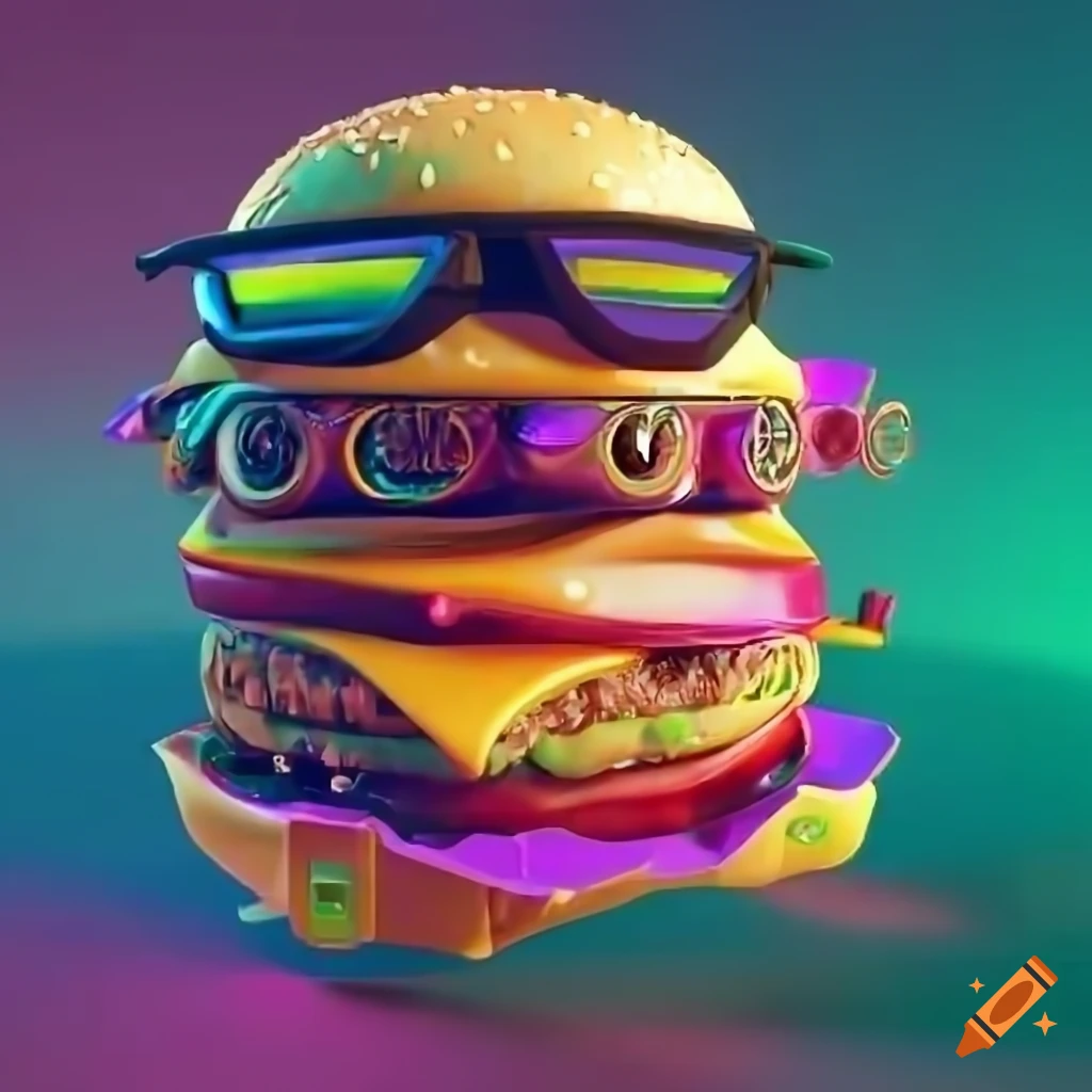 Colorful cyber cheeseburger with sunglasses in a futuristic cyberpunk ...