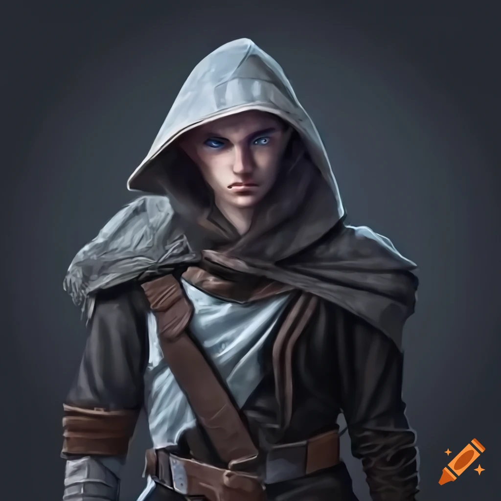 Young half-elf rogue with bluish gray skin and black clothes in fantasy ...