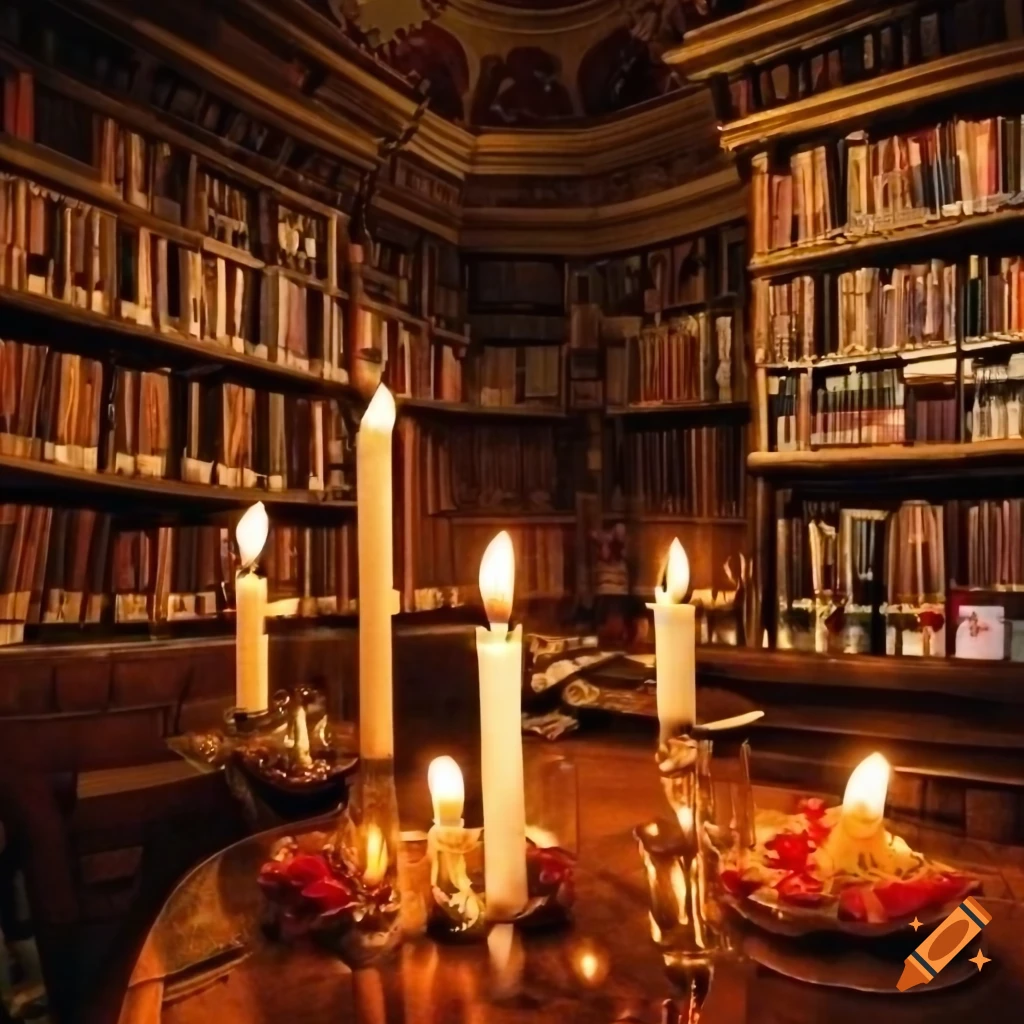 Candlelit dinner in a grand library on Craiyon
