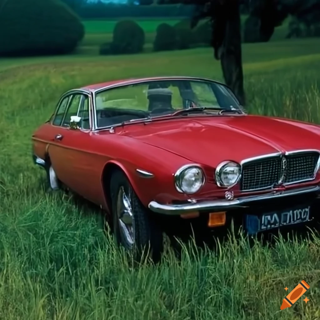 1971 red XJ6 Jaguar car in the countryside on Craiyon
