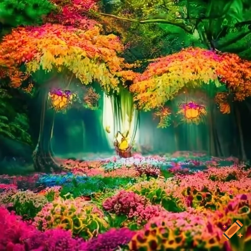 Enchanted paradise with colorful flowers, blooming bushes, and tasty ...