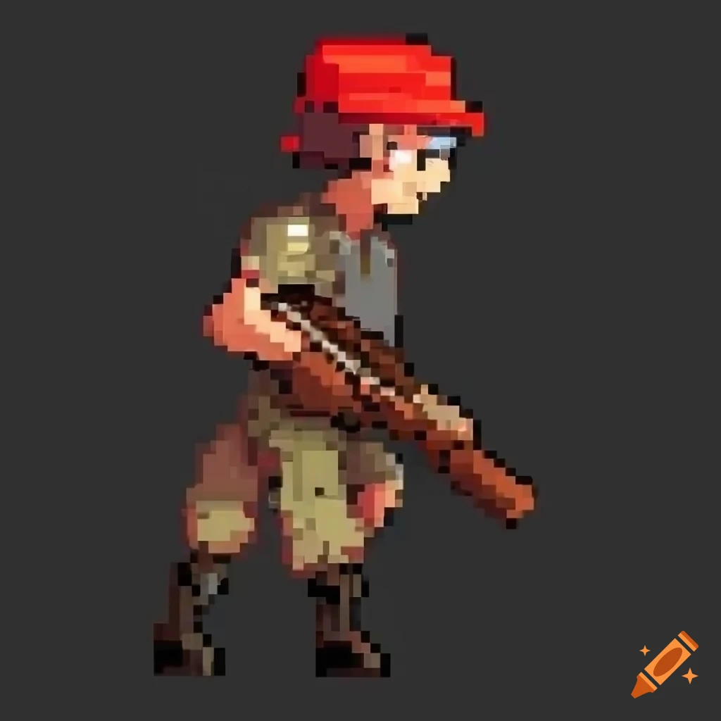 Pixel art hunter character with red cap and shotgun in profile view on ...