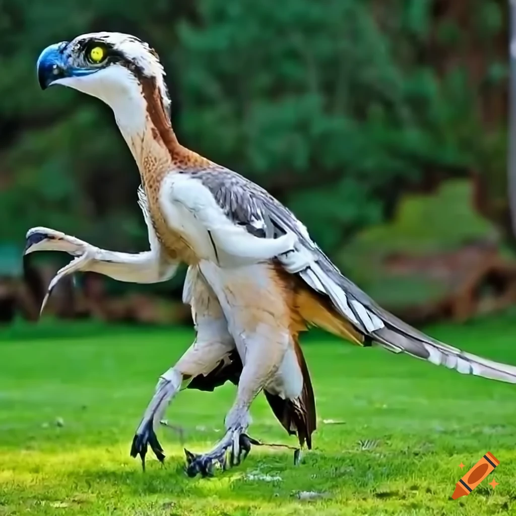 Feathered utahraptor with osprey-like coloring in full body view on Craiyon