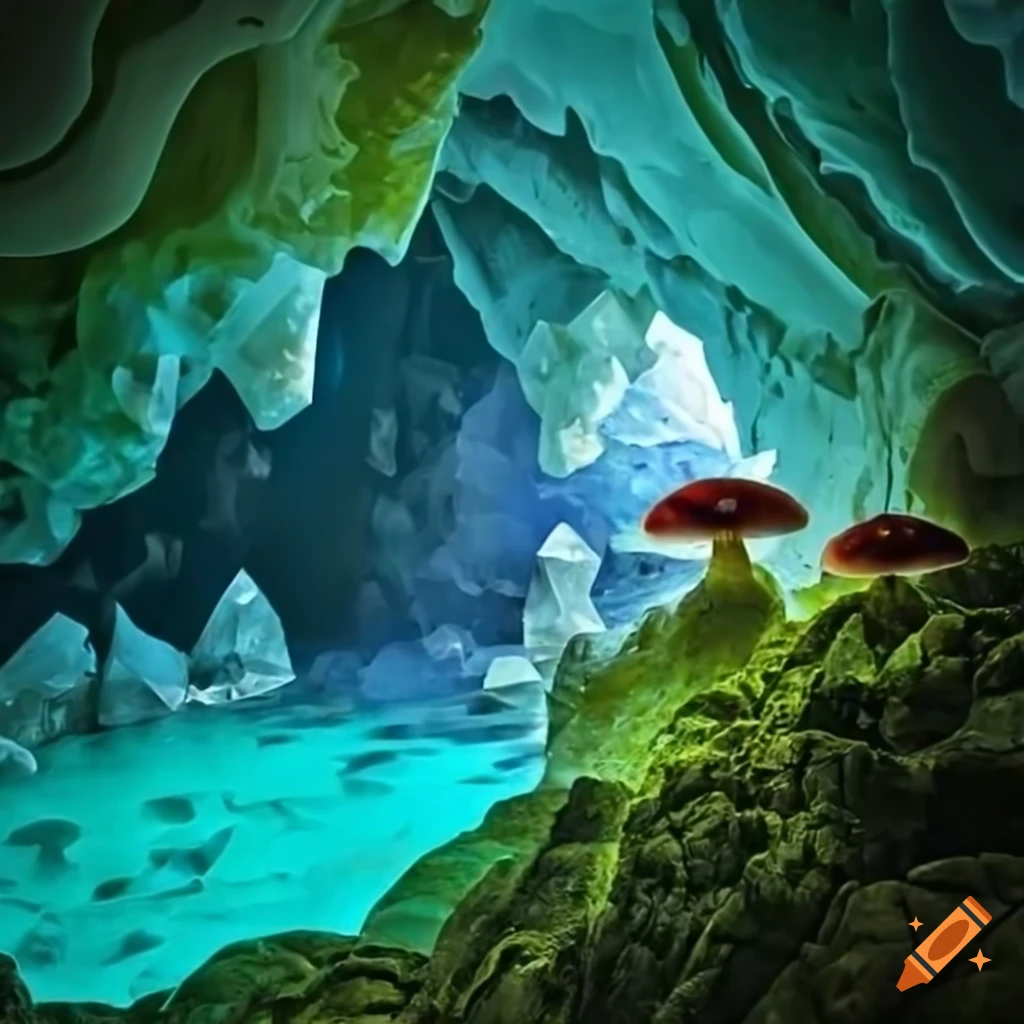 Lush mushroom jungle in a crystal cavern on Craiyon