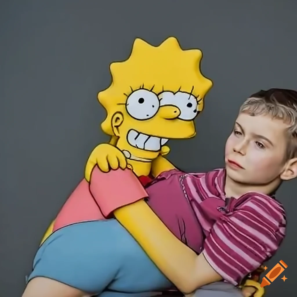 Lisa simpson giving a piggyback ride to a sad boy on Craiyon