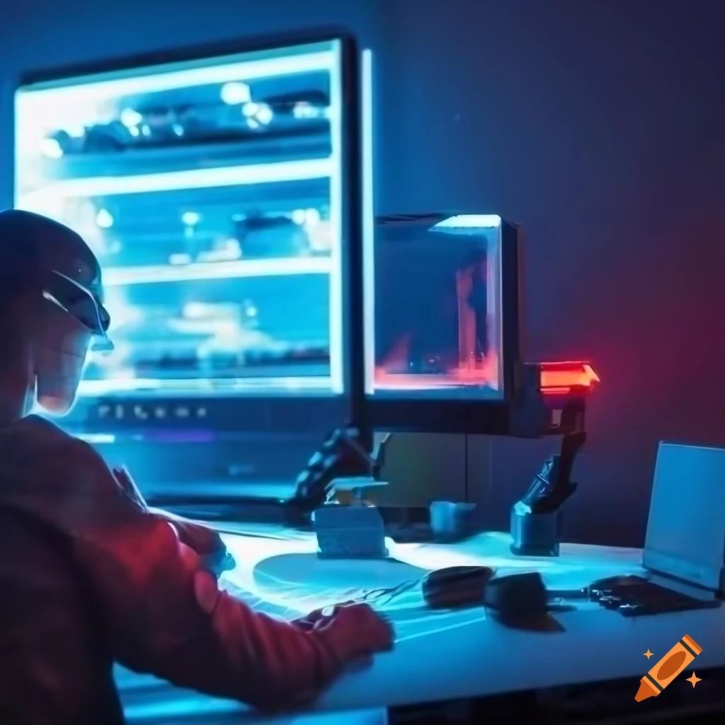 Engineer working on desktop computer at night with dramatic lighting on ...