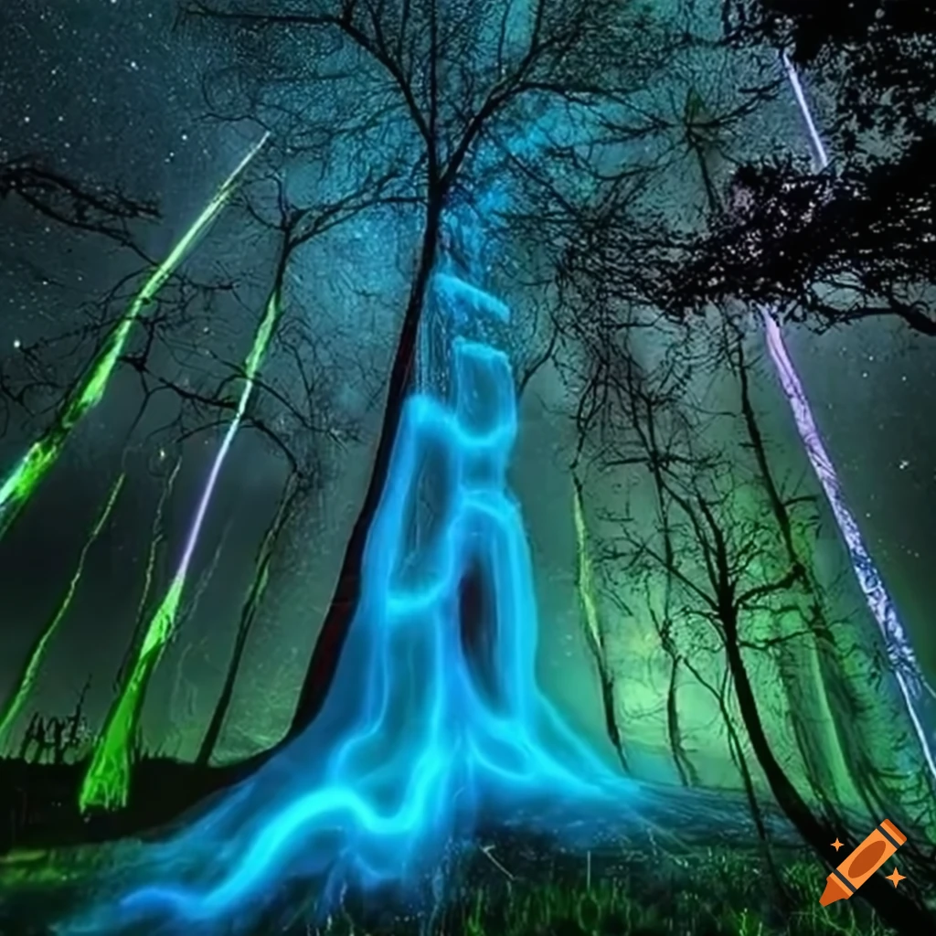 Alien environment with bioluminescent trees and celestial flowers on ...