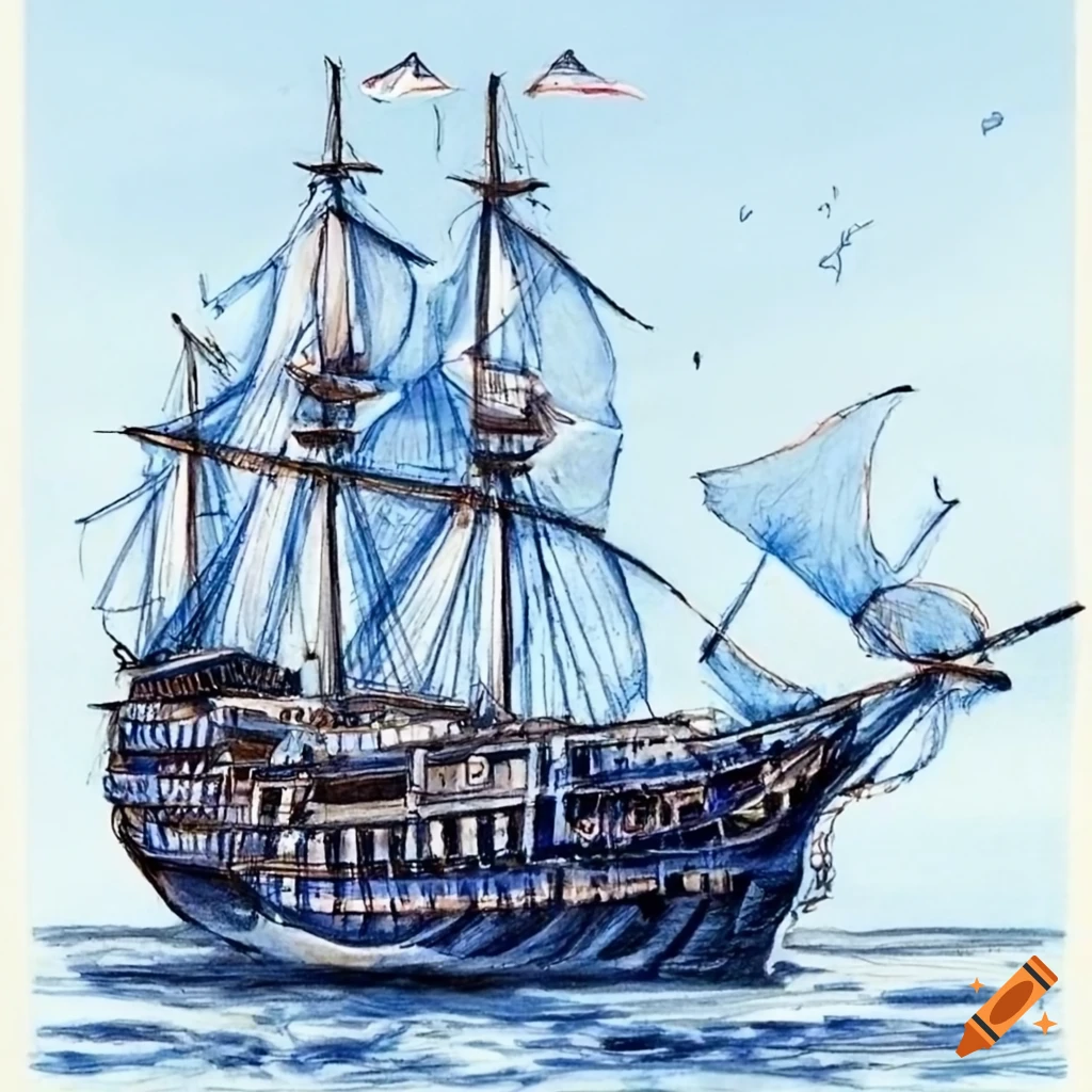 Pirate ship in blue pencil drawing on Craiyon