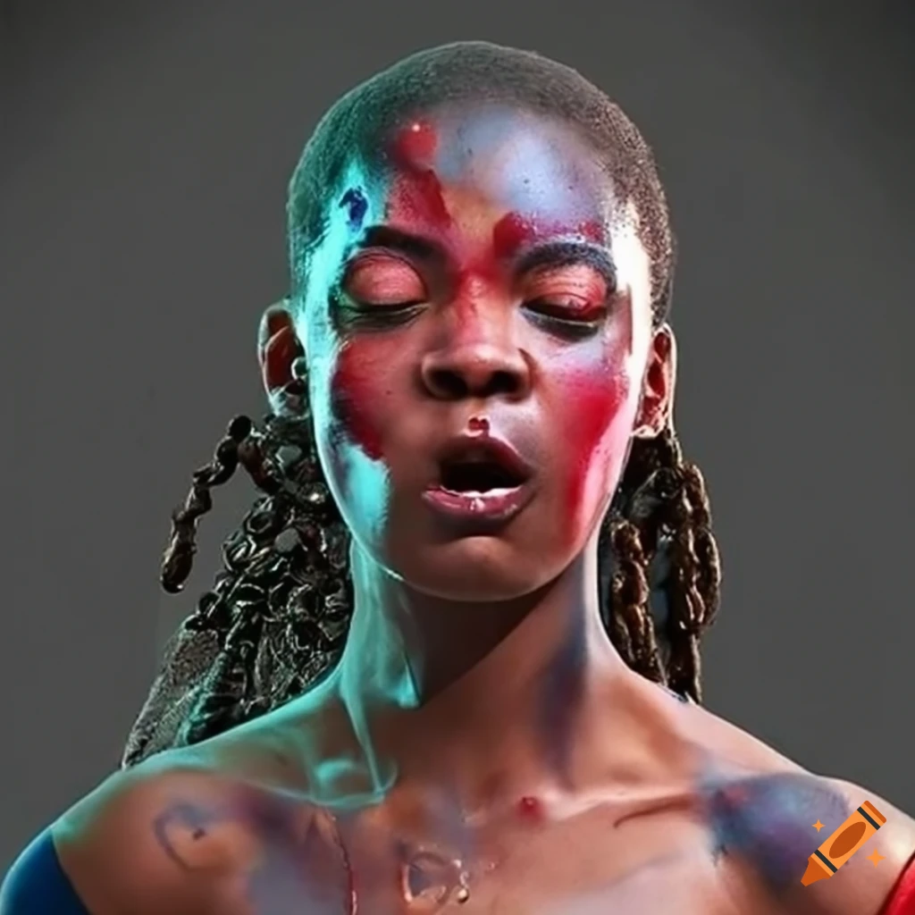 Female fighter with bruised face and stunned expression on Craiyon