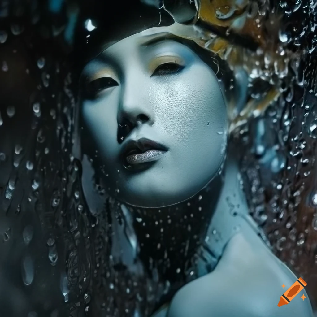 Hyperrealistic illustration of a delicate water spirit behind a rainy ...