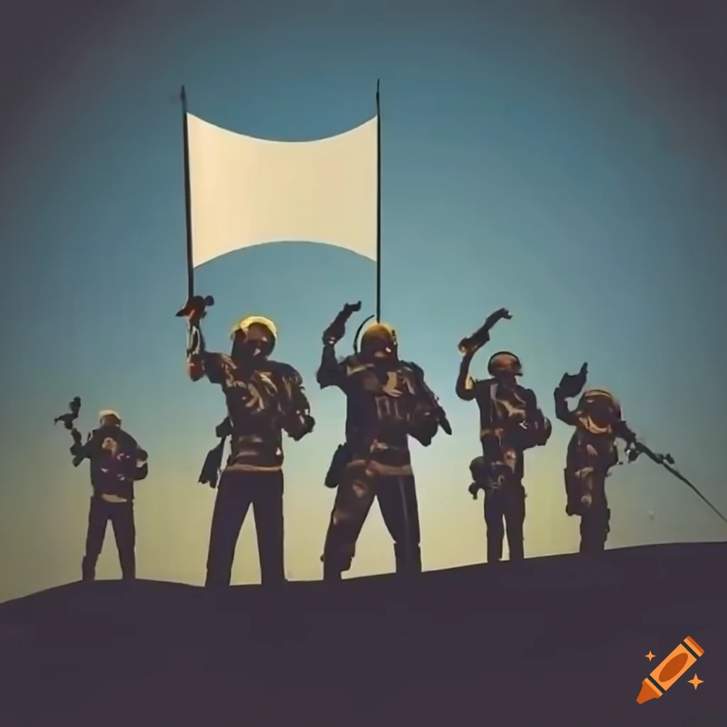 Military troops raising a white flag on a hill in a fallout-style ...