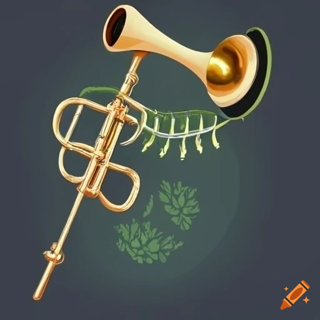 Flag with trumpet and laurel trees in tim burton style on Craiyon