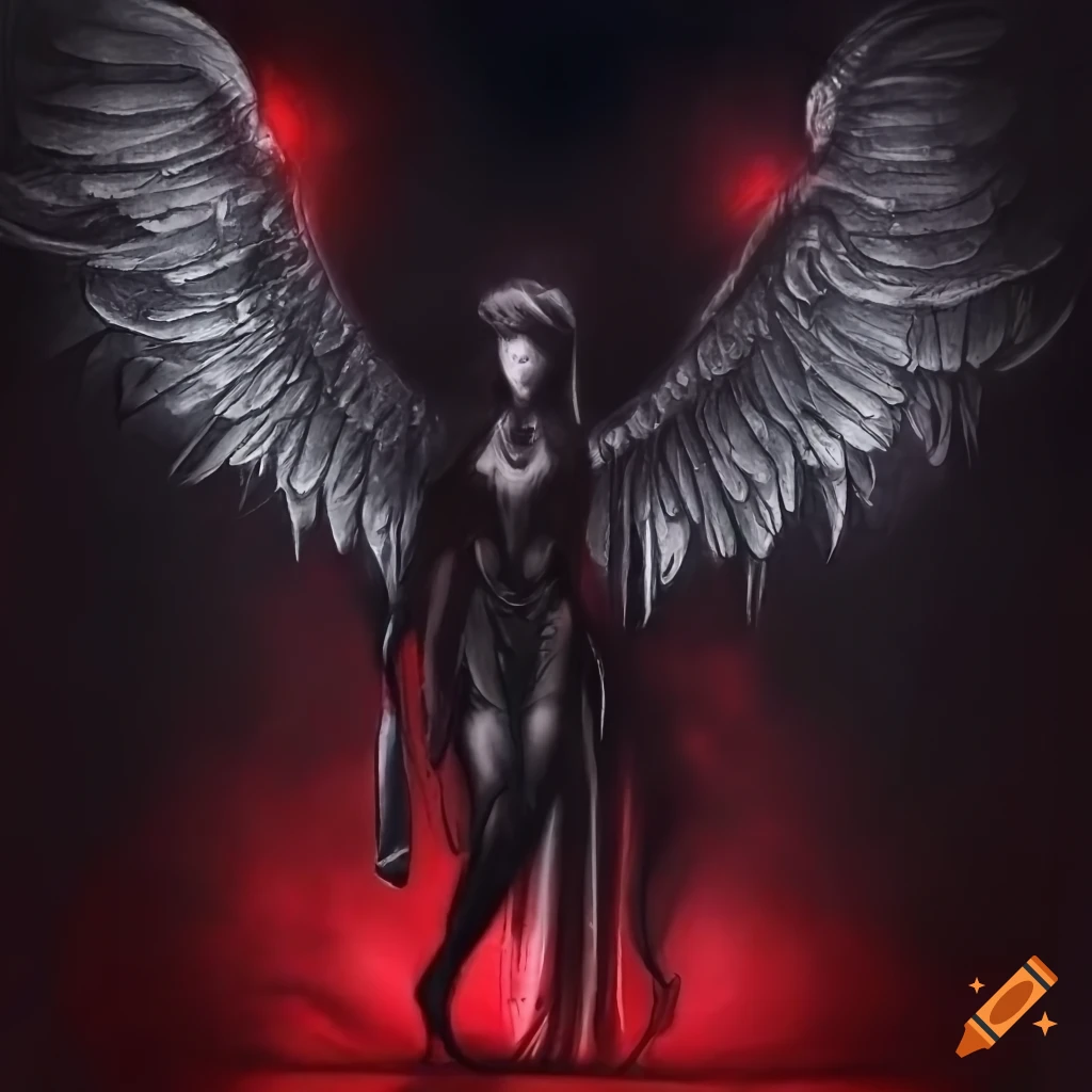 Dark angel with glowing eyes in a cloudy sky on Craiyon