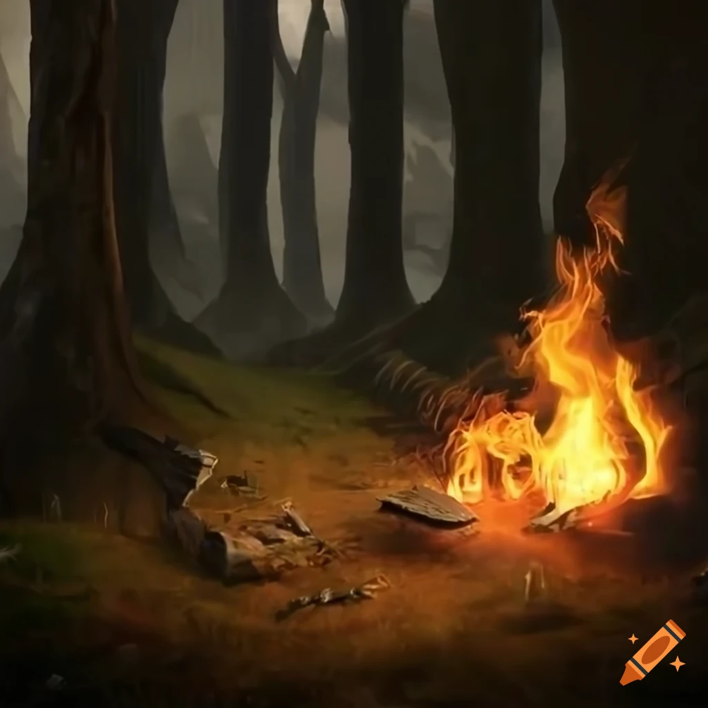Small campfire in medieval rpg fantasy forest landscape on Craiyon