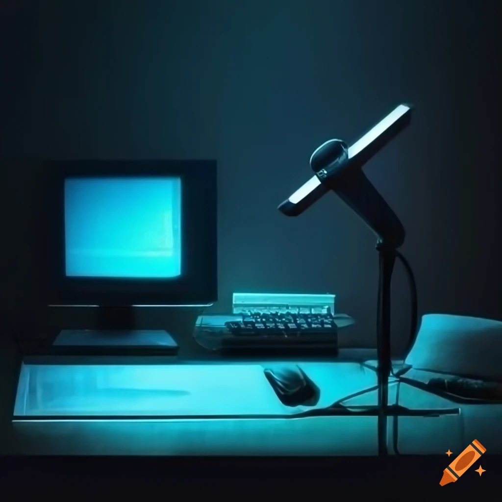 Dimly lit room with computer desk and standing microphone on Craiyon