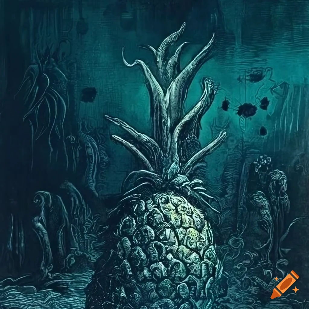 Gothic portal under the sea leading into a gigantic pineapple in a ...